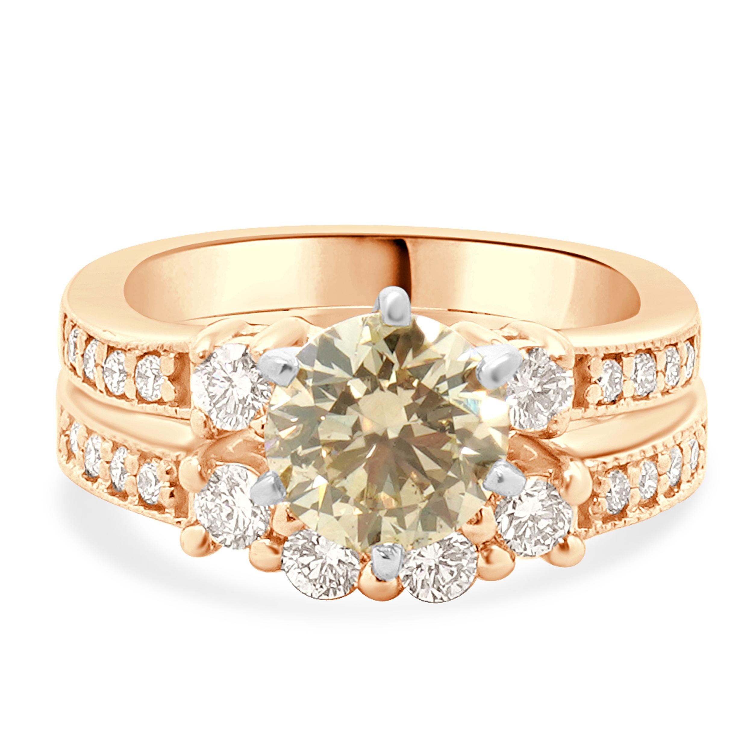 14 K Rose Gold Champagne Round Brilliant Cut Diamond Engagement Ring ...