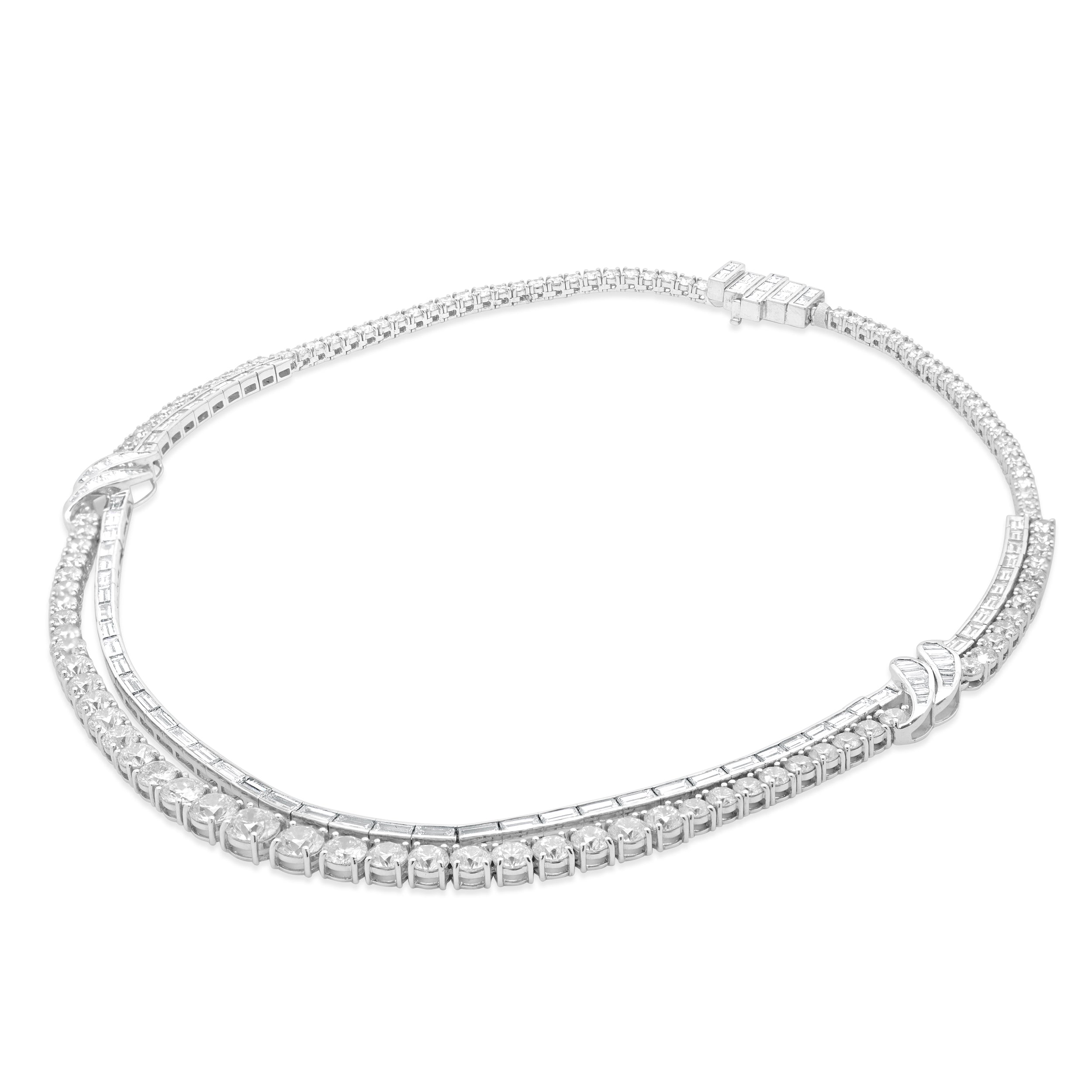 18 Karat White Gold Ornate Round and Emerald Cut Double Row Diamond Ne ...