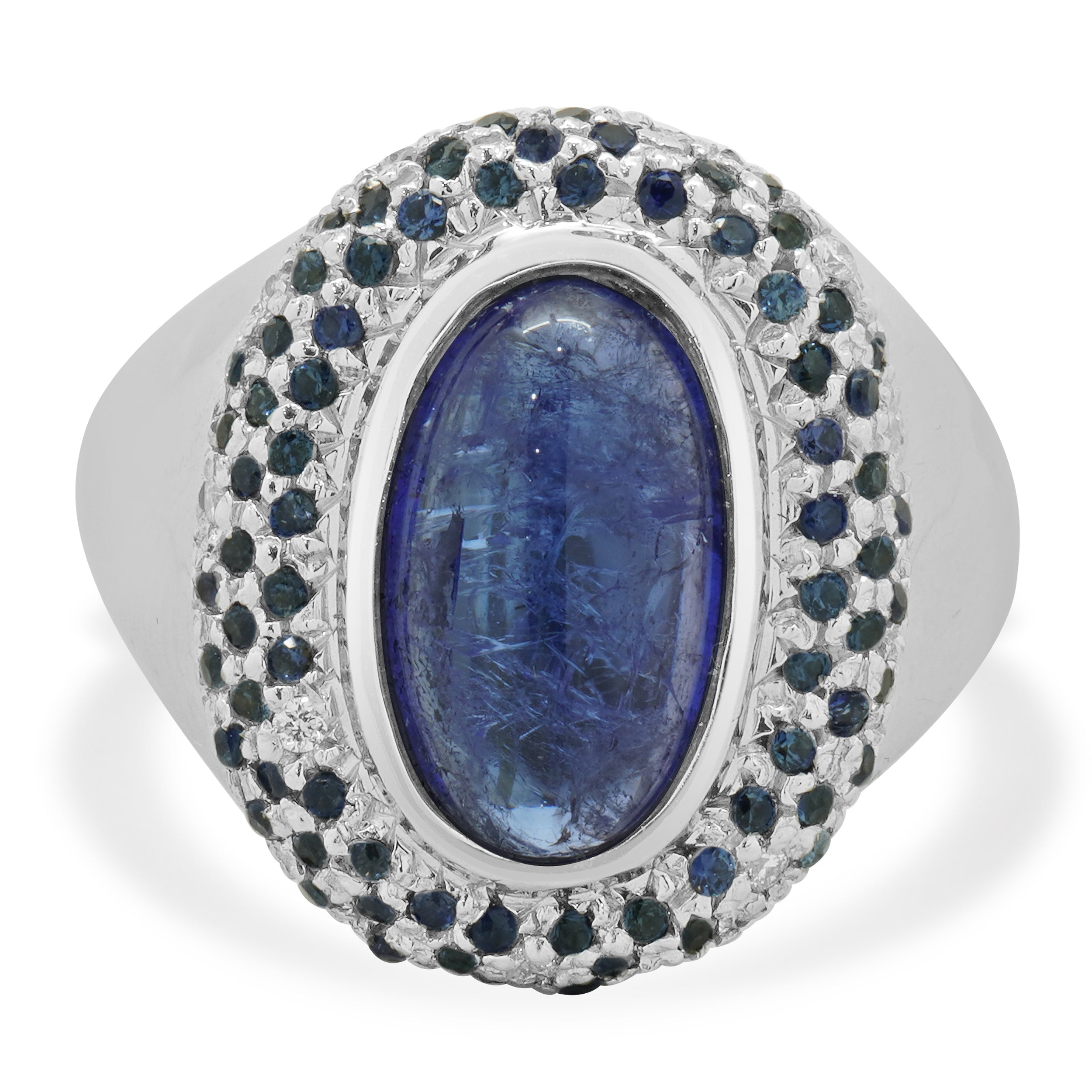14 Karat White Gold Oval Tanzanite Cabochon, Sapphire, and Diamond Coc ...