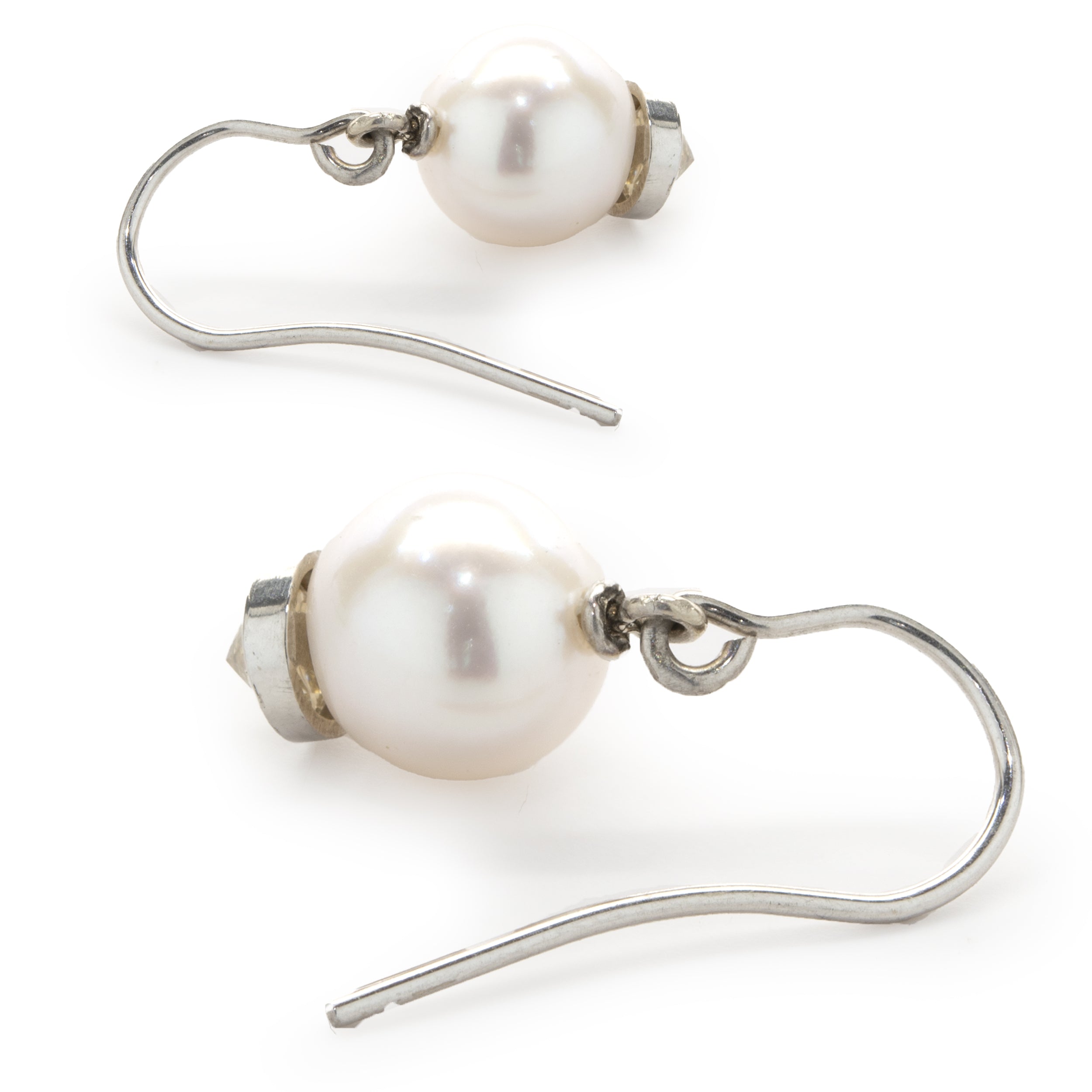 14 Karat White Gold Pearl and Diamond Capped Drop Earrings – The Estate ...