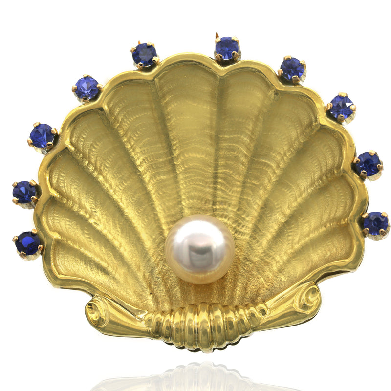 Pearl and Sapphire Clam Shell Brooch in Yellow Gold – The Estate Watch ...