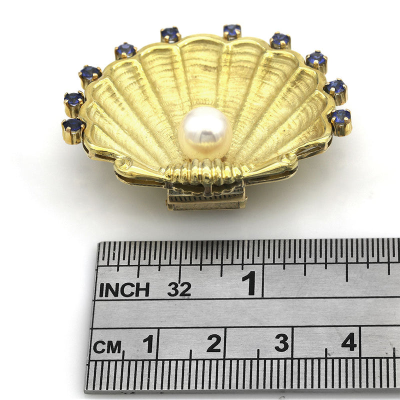 Pearl and Sapphire Clam Shell Brooch in Yellow Gold – The Estate Watch ...