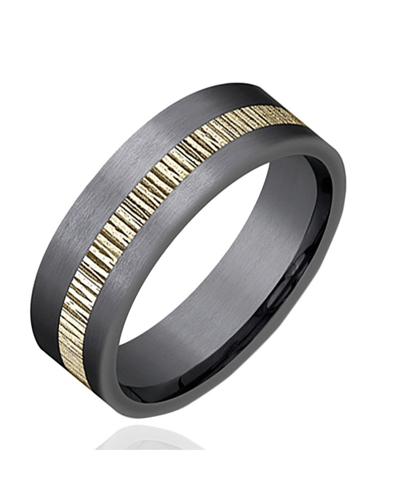 Gentlemen's Textured Offset Stripe Comfort Fit Band in Tantalum and Ye ...